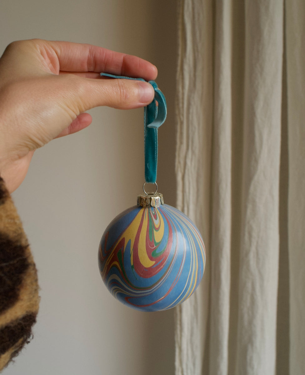 Set of 6 Jemma Lewis Hand Marbled Ceramic Baubles with Berisford velve ...